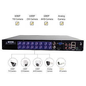 TIGERSECU Super HD 1080P 16-Channel Hybrid 5-in-1 DVR Security Recorder with 2TB Hard Drive, for Up to 5MP(12.5fps) TVI/AHD/CVI/Analog and IP Cameras (Cameras Not Included) (Renewed)