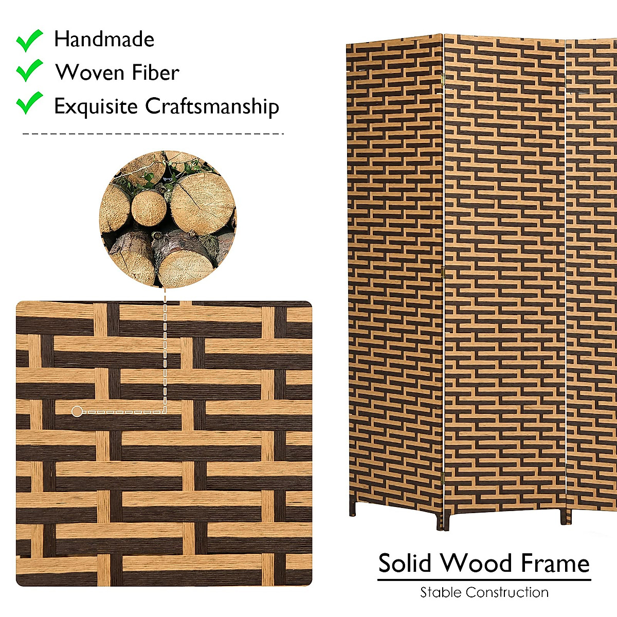 Giantex Room Divider, 6 Ft 4 Panel Handmade Rattan Room Divider, Wood Folding Screen Room Separating Divider, Freestanding Small Boho Room Dividers