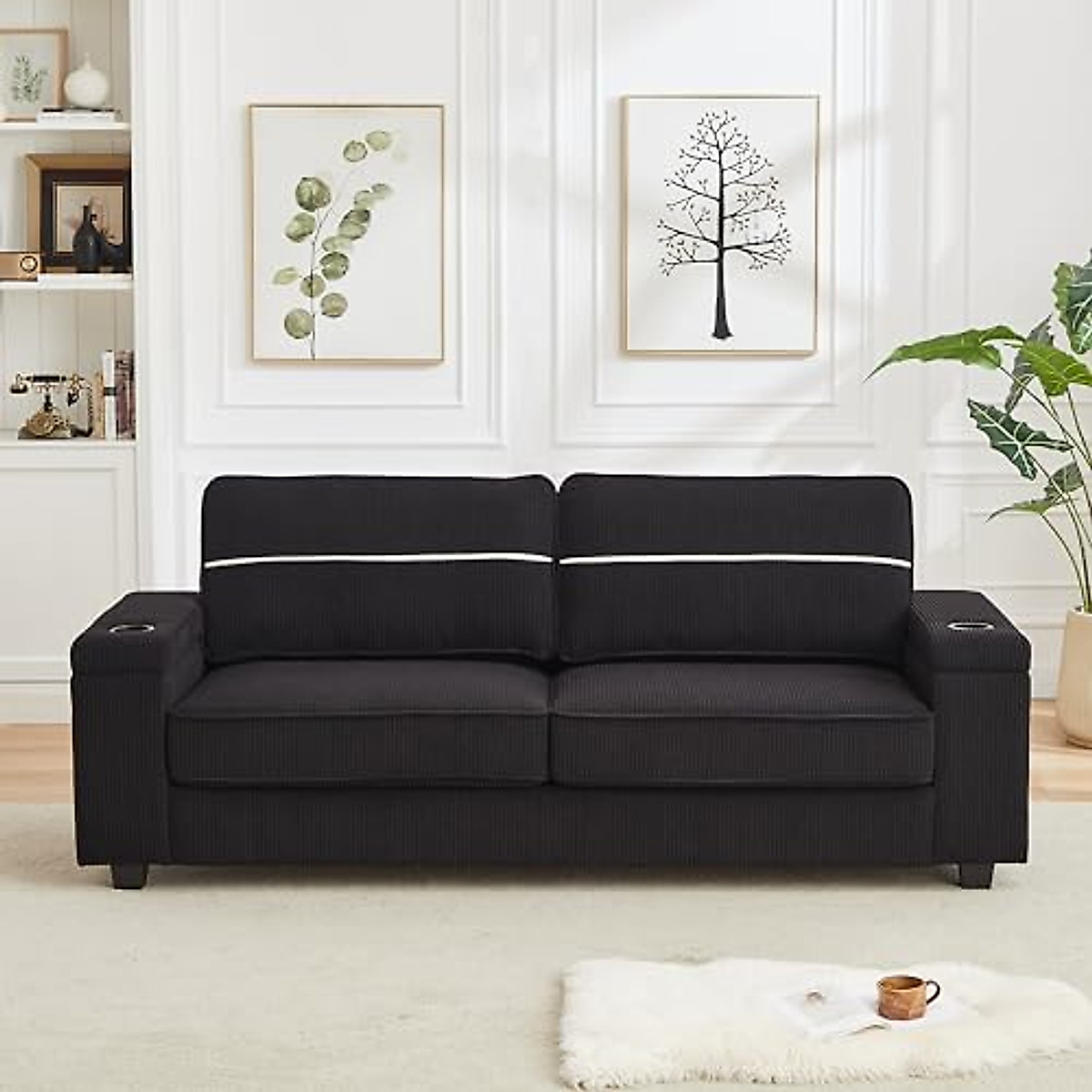 ERYE Modern Living Room Upholstered 3 Seater Sofa Couch Deep Seat Soft Corduroy Sofa&Couch with Storage Armrests, 2 Cupholders, Type-C and USB Charging Ports for Home, Apartment, Office