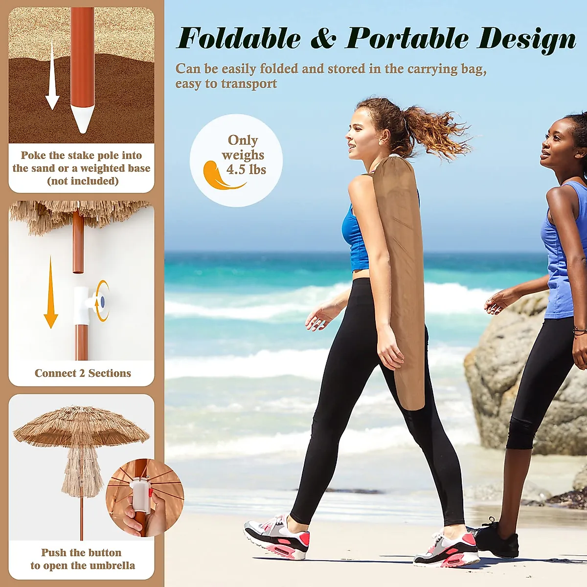 Tangkula 6ft Thatched Patio Umbrella, Hawaiian Tiki Umbrella with Carrying Bag, Tilt Design, Foldable & Portable Outdoor Market Table Umbrella, Tropical Beach Umbrella for Beach Patio Garden Poolside