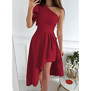 Dokotoo One Shoulder Dresses for Women Elegant Ruffle Empire Waist Asymmetrical Hi-Lo Hem Solid Zipper Up Bodycon Party Wedding Guest Midi Semi Formal Dresses Red Large