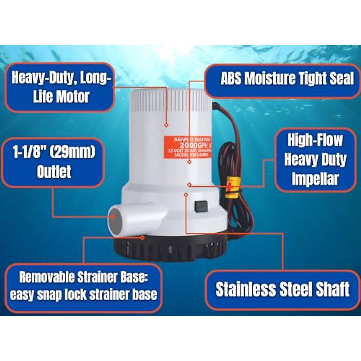 SEAFLO 01-Series 12v 2000 GPH Bilge Pump- 4 Year Warranty!