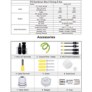 DIHOOL PV Solar Combiner Box for Solar Panels 4 String 15 Amp IP65 Junction Box DC500V 30A Circuit Breaker 4 in 2 Out