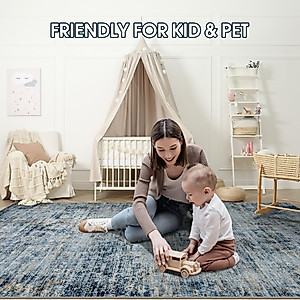 Area Rugs 8x10 Living Room Rugs: Large Modern Abstract Washable Rug with Non-Slip Backing, Thin Carpet for Dining Room Table Bedroom Nursery Indoor Home Office-Blue