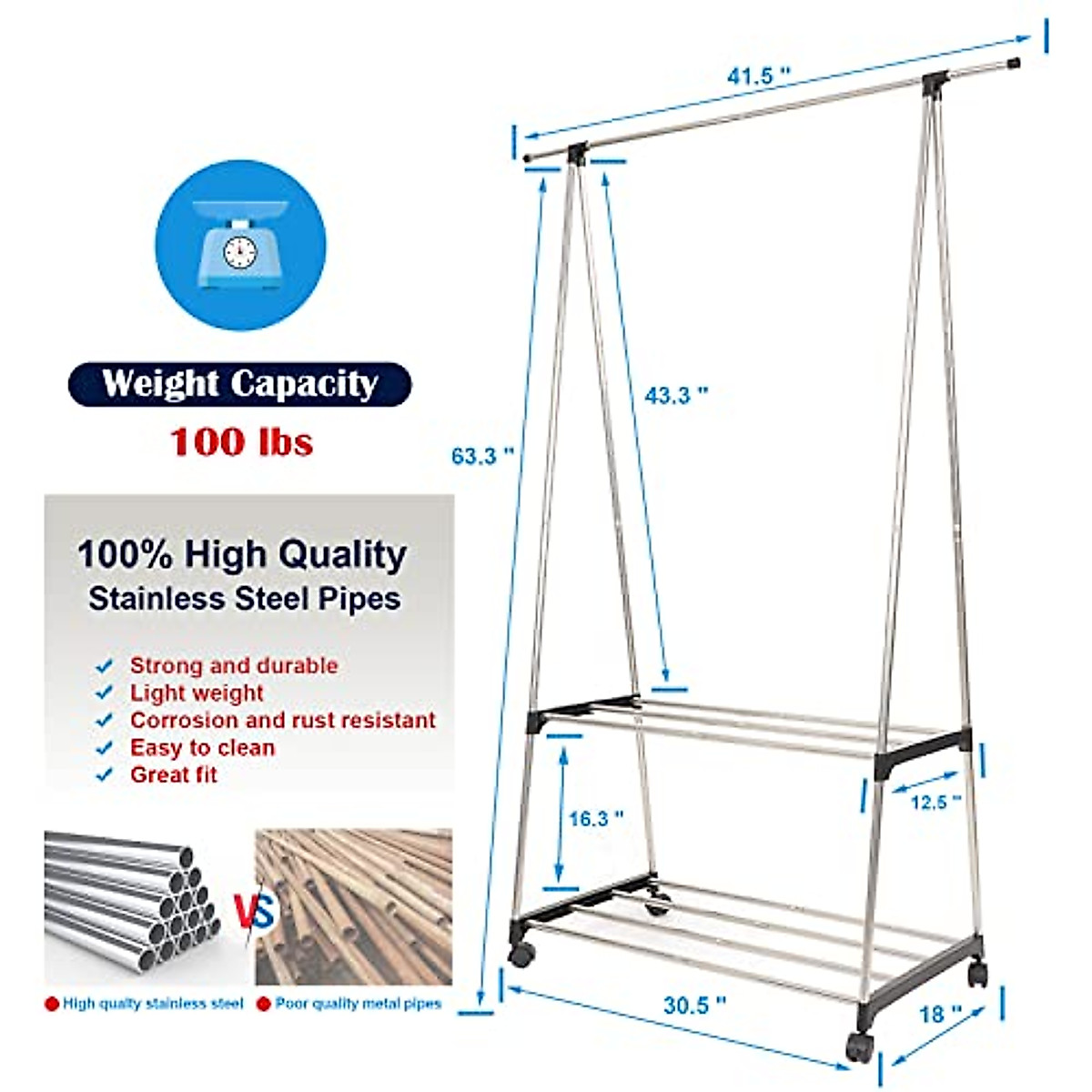 Anmerl Small Clothes Rack - Portable Rolling Clothes Rack with Shoe Rack - Multipurpose Clothes Rack for Bedroom Laundry Room Office - Stainless Steel Poles and Plastic Parts for Easy Assembly