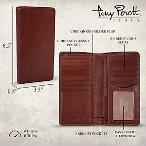 Tony Perotti Men's Leather Checkbook Long Wallets - Italian Bifold with Card Holders, Pockets, ID Window - Eco-Friendly Vegetable-Tanned Full Grain