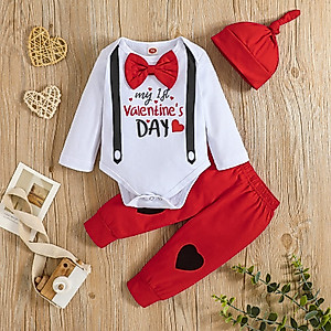 ODIMAME My 1St Valentines Baby Boy Outfits 3-6 Months Newborn Romper Clothes Pants Set Cute Hat Red 80cm