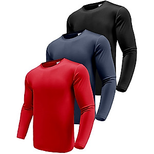 Men's 3 Pack Performance Long Sleeve T-Shirts, UPF 50+ Sun Protection Shirts, Athletic Workout Shirts for Running Fishing Hiking Black/Navy/Red-3P05-S