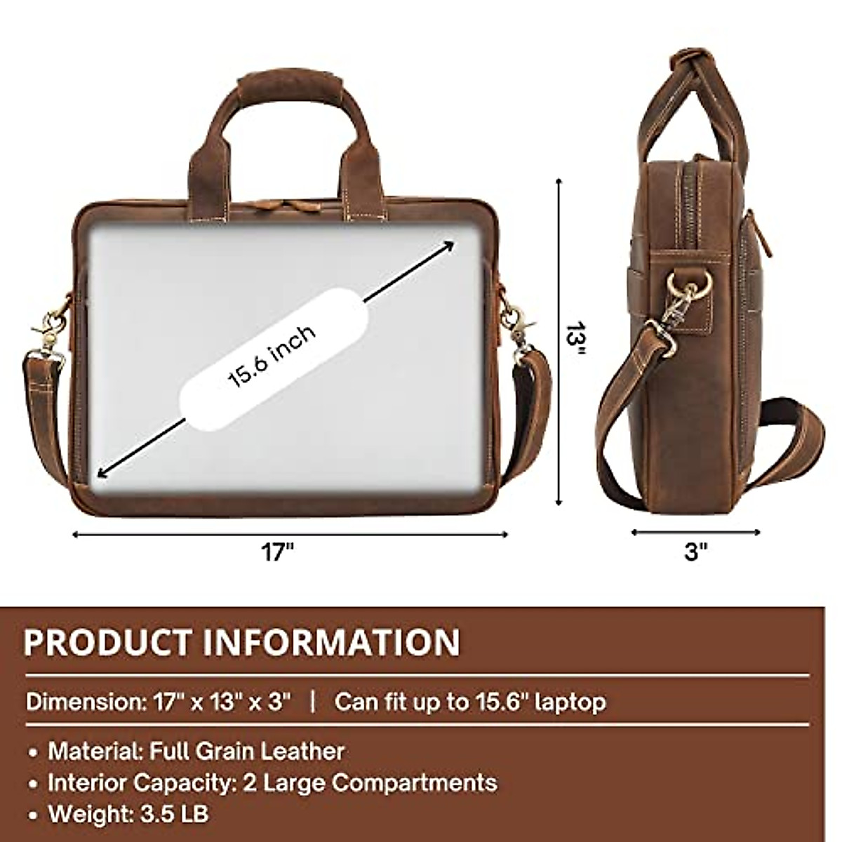 Luxorro Full Grain Leather Briefcases For Men, Handcrafted Leather Laptop Bag For Men, Our Leather Bags For Men Come In A Beautiful Gift Box, Perfect Christmas Gifts For Men, Brown, Fits 15.6" Laptop