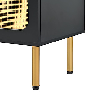 Bellemave Boho style TV Stand with Rattan Door, Woven Media Console Table for TVs Up to 70”, Country Style Design Side Board with Gold Metal Base for Living Room（Black）