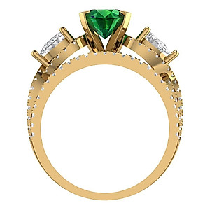 Clara Pucci 2.1 ct Round Cut Solitaire 3 stone Simulated Emerald Designer Art Deco Statement Wedding Ring Band Set 18K Yellow Gold 7