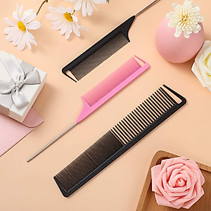 3 Pieces Carbon Fiber and Stainless Steel Hair Combs Set - Pintail, Teasing, and Parting Combs with Wide and Fine Teeth for Braids, Hair Salon, and Home Use, Black