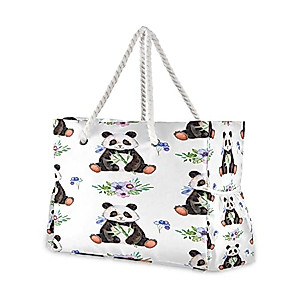 ALAZA Multicolored Flower Panda Berry Tote Bag Beach Large Bag Rope Handles for Shopping Groceries Travel Outdoors
