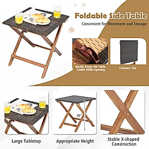 HAPPYGRILL Patio Lounge Chair with Folding Side Table Set, 4-Position Adjustable Recliner with Fully Flat Position, Outdoor PE Wicker Chaise Lounge with Acacia Wood Frame