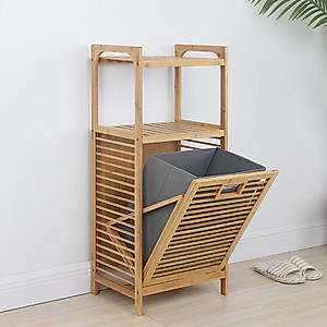 Xuthusman Laundry Hamper Bathroom Tilt-out Laundry Hamper Bamboo Tower Hamper Dirty Clothes Basket with 2-Tier Storage Shelves gray