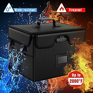 AMBOR File Box with 10 Packs File Folders(Letter Size), Fireproof File Document Box with Lock, Portable Filing Cabinet for Home Office, Document Organizer for File Folders/Certifications/Books