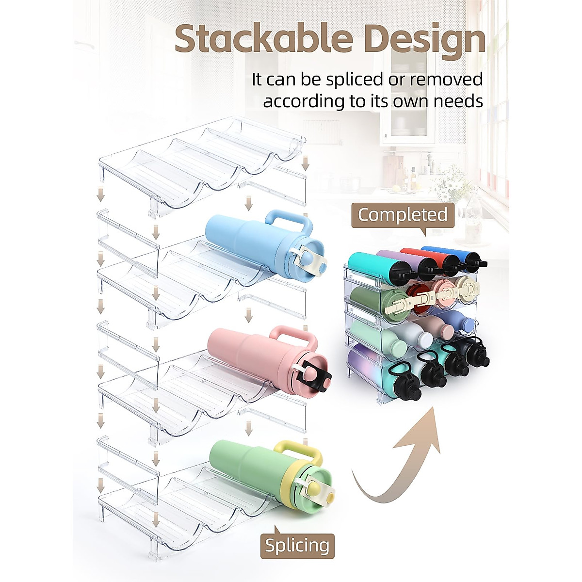 TIDY SAVANT Water Bottle Organizer - 4 Pack Clear Stackable Bottle Storage Rack and Wine Rack for Stanley Yeti Bottle and Other Tumbler Organizer for Kitchen Cabinets, 4 Tier Hold 16