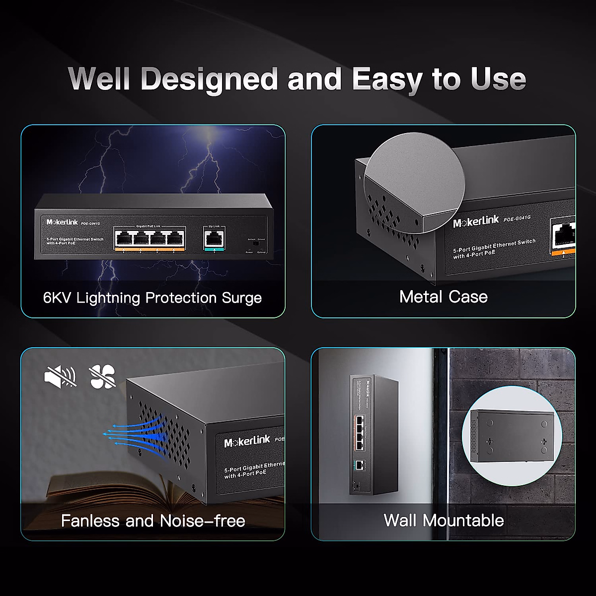 MokerLink 5 Port Gigabit POE Switch, with 4 POE+ Ports 1000Mbps, 78W IEEE802.3af/at, Unmanaged Plug and Play, Sturdy Metal Fanless