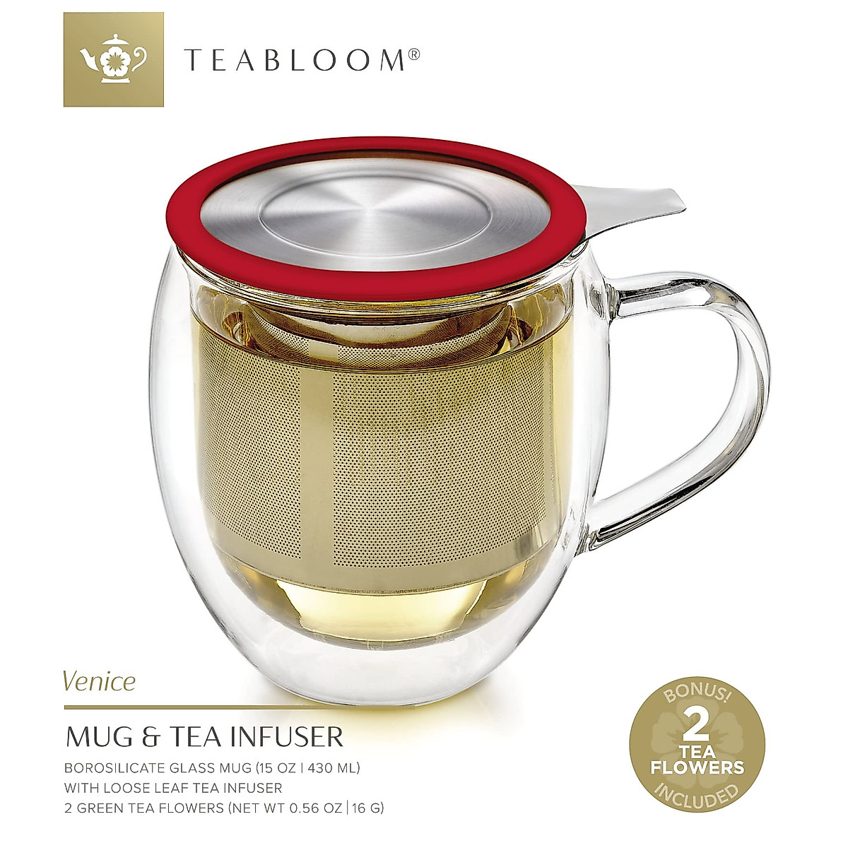 Teabloom Double-Wall Borosilicate Glass Mug with Stainless Steel Infuser and Lid – 15 OZ / 430 ML – 2 Gourmet Tea Flowers Included