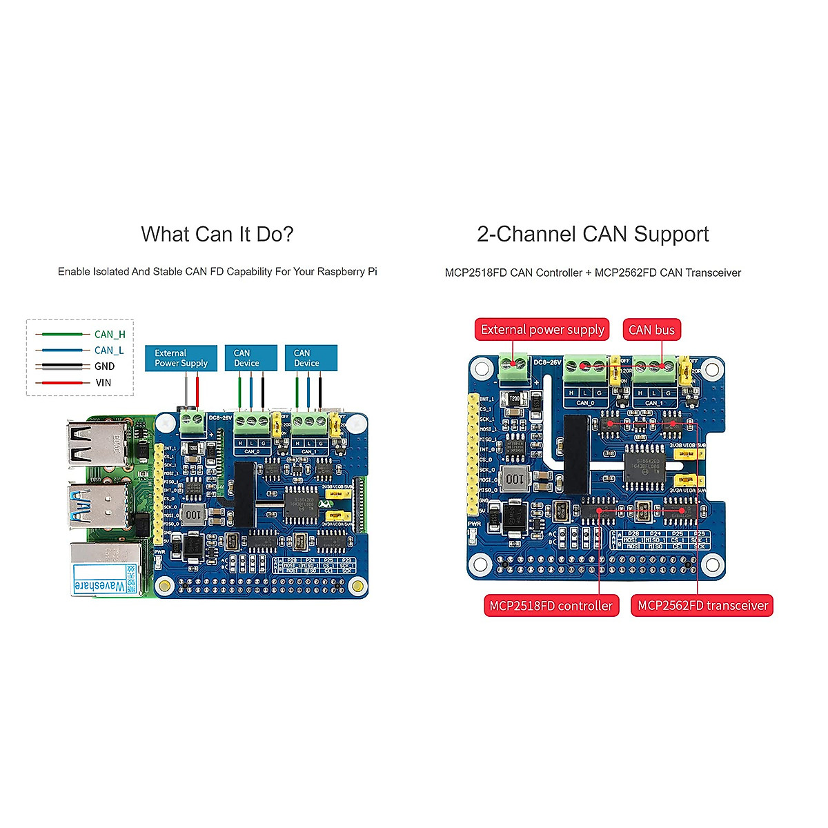 2-Channel Isolated CAN Bus FD Expansion HAT for Raspberry Pi, with MCP2518FD CAN Controller and MCP2562FD CAN Transceiver, Supports Original CAN2.0 and CAN FD Protocols, Multi Protection Circuits