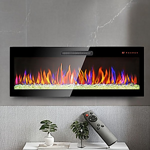 50 Inch Ultra-Thin Electric Fireplace, Recessed and Wall Mounted Fireplace, LED Light Heater with Remote Control, Tempered Glass Front Electric Fireplace with Multi Color Flame & Emberbed (50 inch)