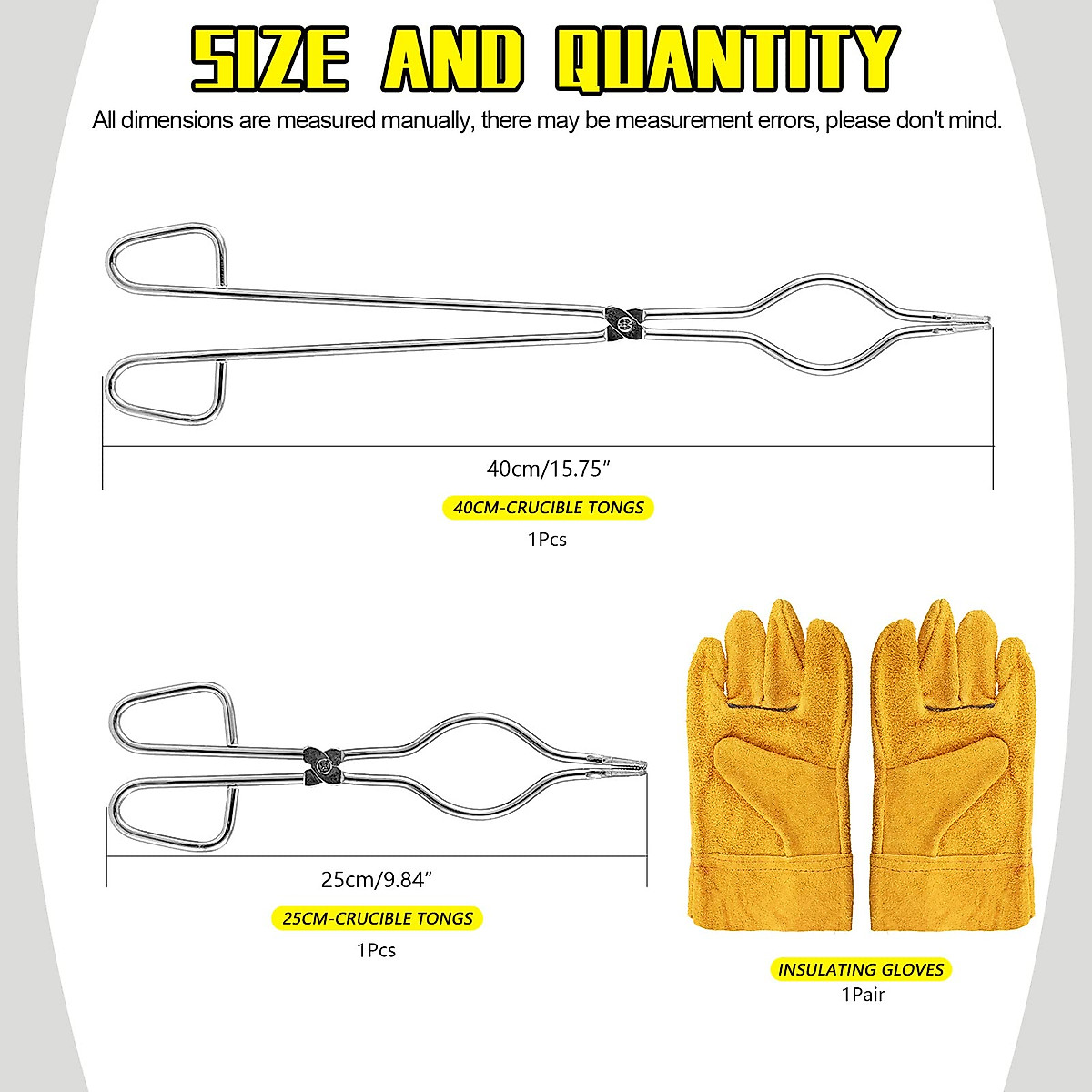 Mardatt 3 Pcs Professional Grade Crucible Kit, 16'' and 10 '' Stainless Steel Crucible Tongs with Heat Resistant Safety Melting Furnace Gloves, Metal Refining Casting Tool for Laboratory and Industry
