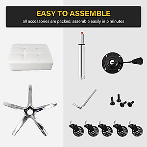 WKWKER Modern Heavy Duty Rolling Stoool Square Thick Leather Seat 360 Swivel Stool with Wheels Height Adjustable Stool Chair for Home Kitchen Drafting Lab Office Salon Massage（White）