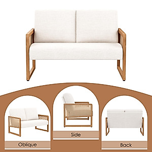 Apeaka Small Loveseat Sofa with Rattan Arms Linen Mini Couch for Living Room Bedroom Modern Upholstered Love Seat with Wood Legs Ivory