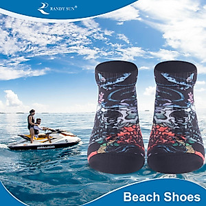 RANDY SUN Unisex Quick-Dry Sand Not Waterproof Socks, Barefoot Shoes for Summer Fun Surf Swim Yoga Exercise Water Sport Protect Against Hot Sand and Shells (1 Pair Black Red Printed Low Cut S)