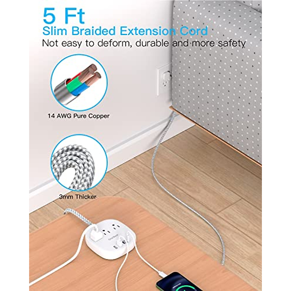 Flat Plug Power Strip, 5ft Ultra Flat Extension Cord - 3 Outlets 4 USB Ports (2 USB C) Desktop Charging Station, Power Strip with No Surge Protection for Cruise Ship, Travel, Dorm Room Essentials