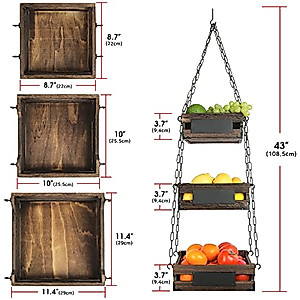 J JACKCUBE DESIGN 3-Tier Rustic Wood Hanging Fruit Basket, Kitchen Fruit, Vegetable Storage Organizer, Countertop Space Saver- Heavy Duty Metal Hooks- MK1008A