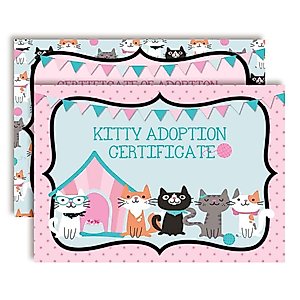 Plush Kitten Stuffed Animal Themed Certificates of Adoption for Kids' Birthday Parties, 10 5x7 Fill in Cards by AmandaCreation