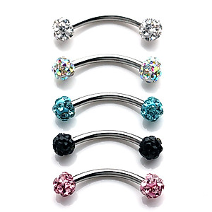 Ruifan 5PCS 16G 10mm Mix Color Crystal Ferido Ball Curved Barbell Eyebrow Ear Ring Body Piercing Jewelry