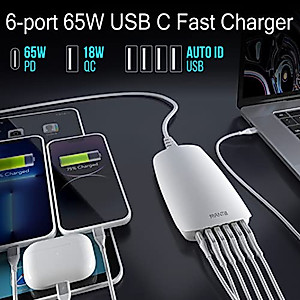 USB Charging Station, MANTO 65W PD3.0 & QC3.0 USB C Charger, 6-Port Desktop Charger with 1 USB C and 5 USB A Ports Compatible with MacBook Pro/Air, Laptops, iPad, iPhone, Galaxy and More