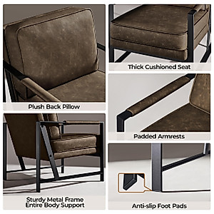Yaheetech PU Leather Armchair, Retro Leisure Accent Chair with Extra Soft Padded and Cushion, Modern Reading Arm Chair with Black Metal Frame for Living Room/Office/Bedroom/Study, Brown