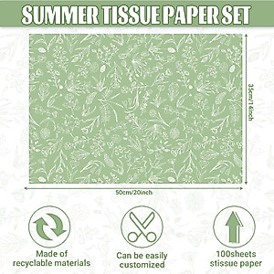 100 Sheets Sage Green Wildflowers Tissue Paper Green White Floral Printed Tissue Paper Botanical Decorative Tissue Paper for Green Boho Themed Baby Shower Wedding Birthday DIY Craft
