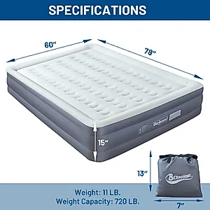 Beyondhome Queen 15inch Grey PVC-Free Air Mattress with Built-in Pump, Odorless, Adjustable Air Content, Strong Support, Durable, Anti-slip, Fast Packing, Lightweight