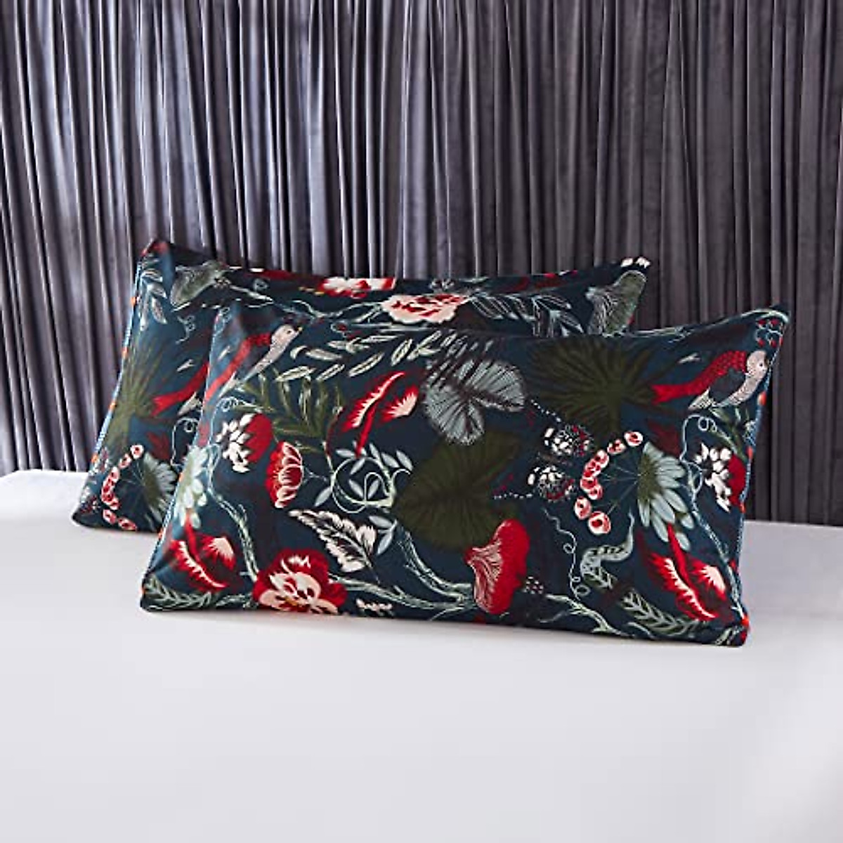 LAMEJOR Duvet Cover Set Queen Size Red Floral/Striped Bedding Set Comforter Cover (1 Duvet Cover+2 Pillowcases)