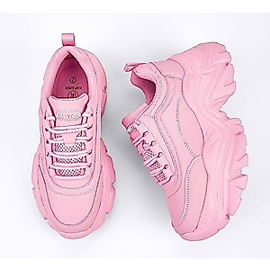 K KIP WOK Chunky Sneakers for Women Fashion Platform White Leather Casual Dad Shoes Comfortable Wedge Walking Sport Sneakers(Pink,7)