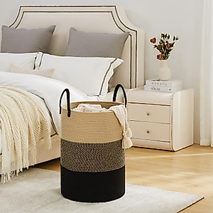 Black Woven Rope Laundry Basket by TECHMILLY, 58L Baby Nursery Hamper for Clothes Blanket Storage, Large Tall Laundry Hamper for College Dorm, Bedroom, Living Room