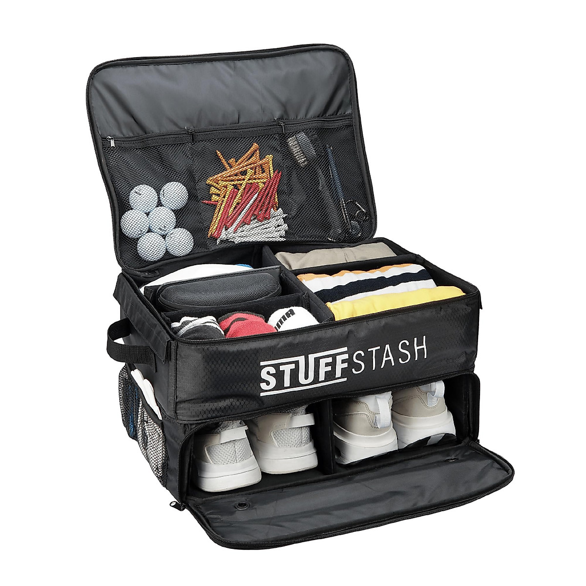 STUFFSTASH Golf Trunk Organizer, Strong, Won't Collapse. Shoe Compartments, Dividers, Storage for Tees, Gloves, Balls,.Store Accessories in Your Car or SUV. Golfer Gift Essentials for Men and Women.