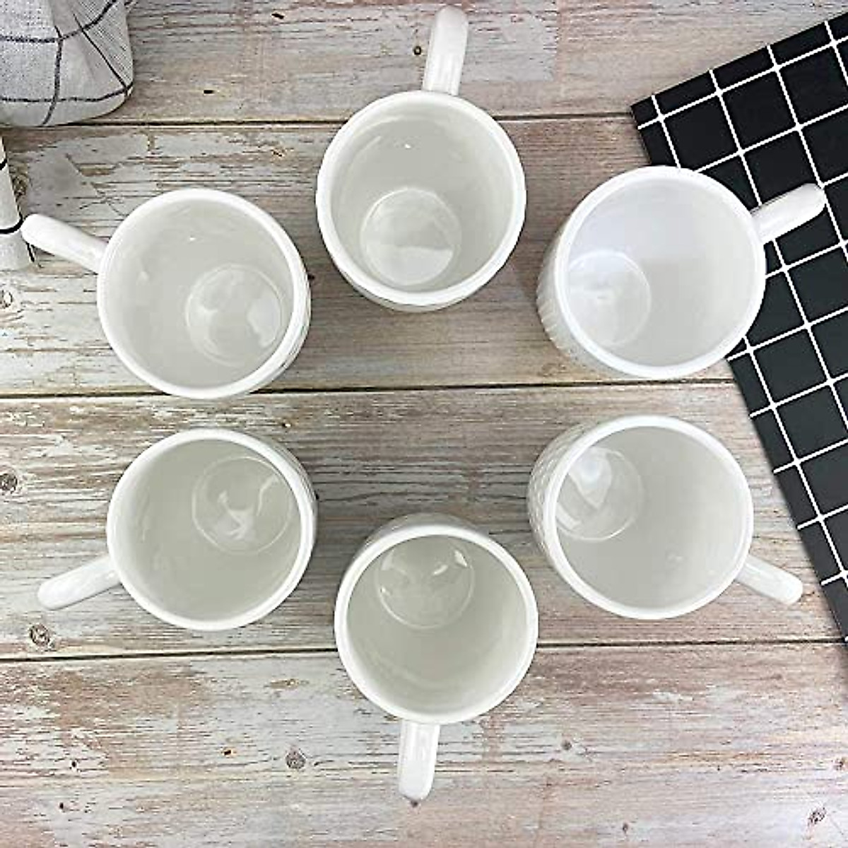 Schliersee White Ceramic Coffee Mugs set of 6, Stylish Embossed Coffee Cups Set with Different Patterns, for Coffee, Tea, Milk, Cocoa, Cereal (11.8 Ounce), for Christmas Gift