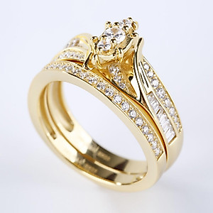 Jeulia Gold Tone Cluster Round Cut Sterling Silver Ring Set for Engagement Anniversary Eternity Promise Wedding Band Ring Set With Jewelry Box (7)