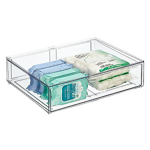 mDesign Wide Plastic Stackable Bathroom Storage Organizer Bin with Pull Out Drawer for Cabinet, Vanity, Shelf, Cupboard, Cabinet, Countertop, or Closet Organization - Lumiere Collection - Clear