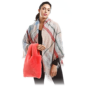 Me Plus Soft Faux Fur Pull Through Strap Slouchy Wrist Fashion Tote Bag (Coral)