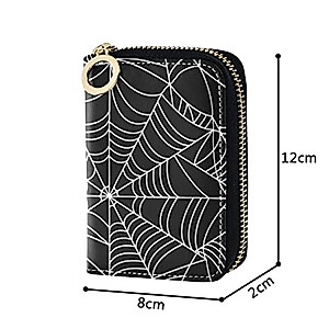 Halloween White Spider Web on Black Dark Seamless Pattern Grey Credit Card Coin wallet, RFID Blocking Compact Women Leather Card Holder, Key Change Organizer, Zipper Purse Clutch Pouch