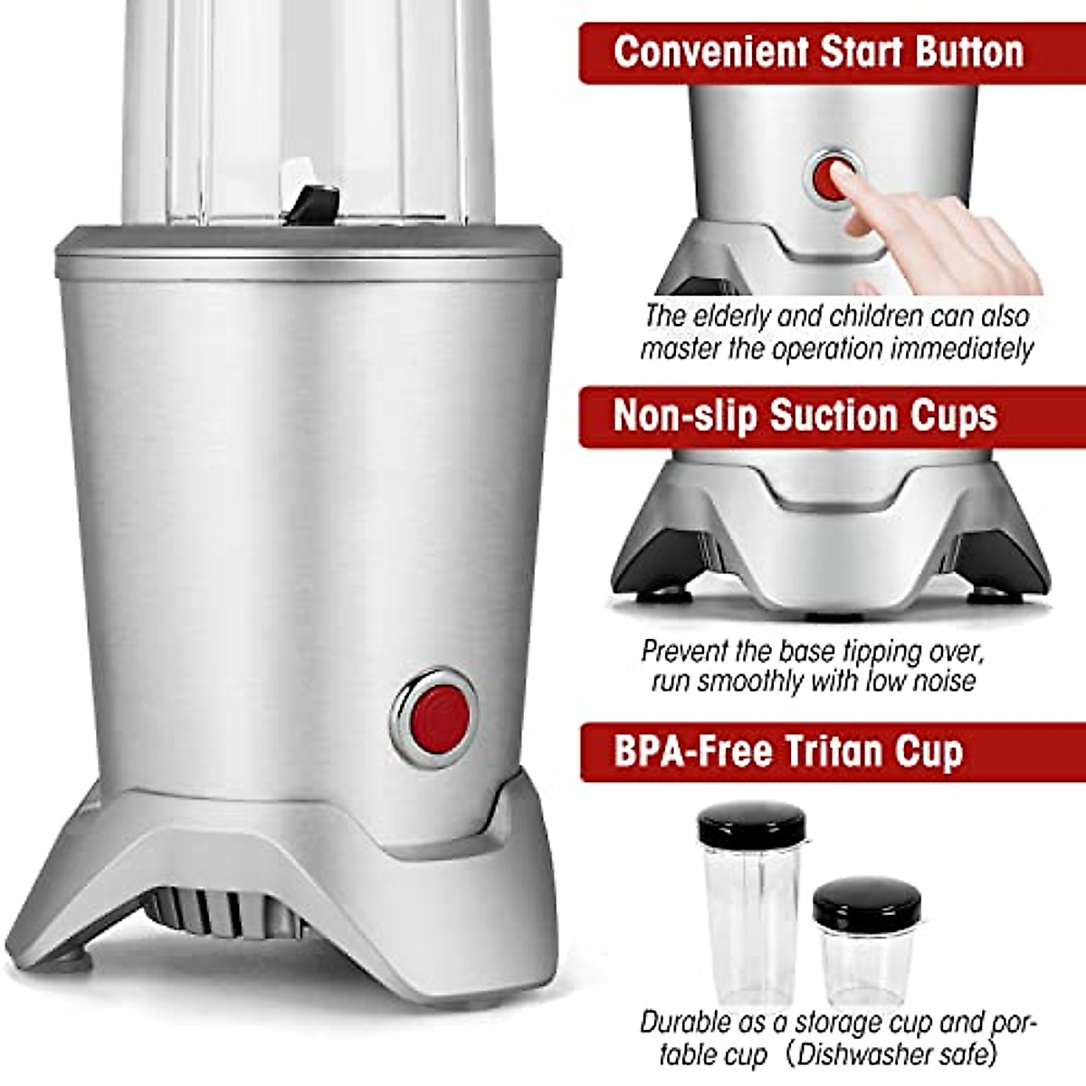 1200W Personal Bullet Blender for Shakes and Smoothies, Regenerate Nutri Aluminum Large Capacity Mixer with Blending & Grinding Blades for Kitchen, Tritan 34+17 Oz Travel Bottles for Fruits, Vegetables, Coffee, Countertop, Silver