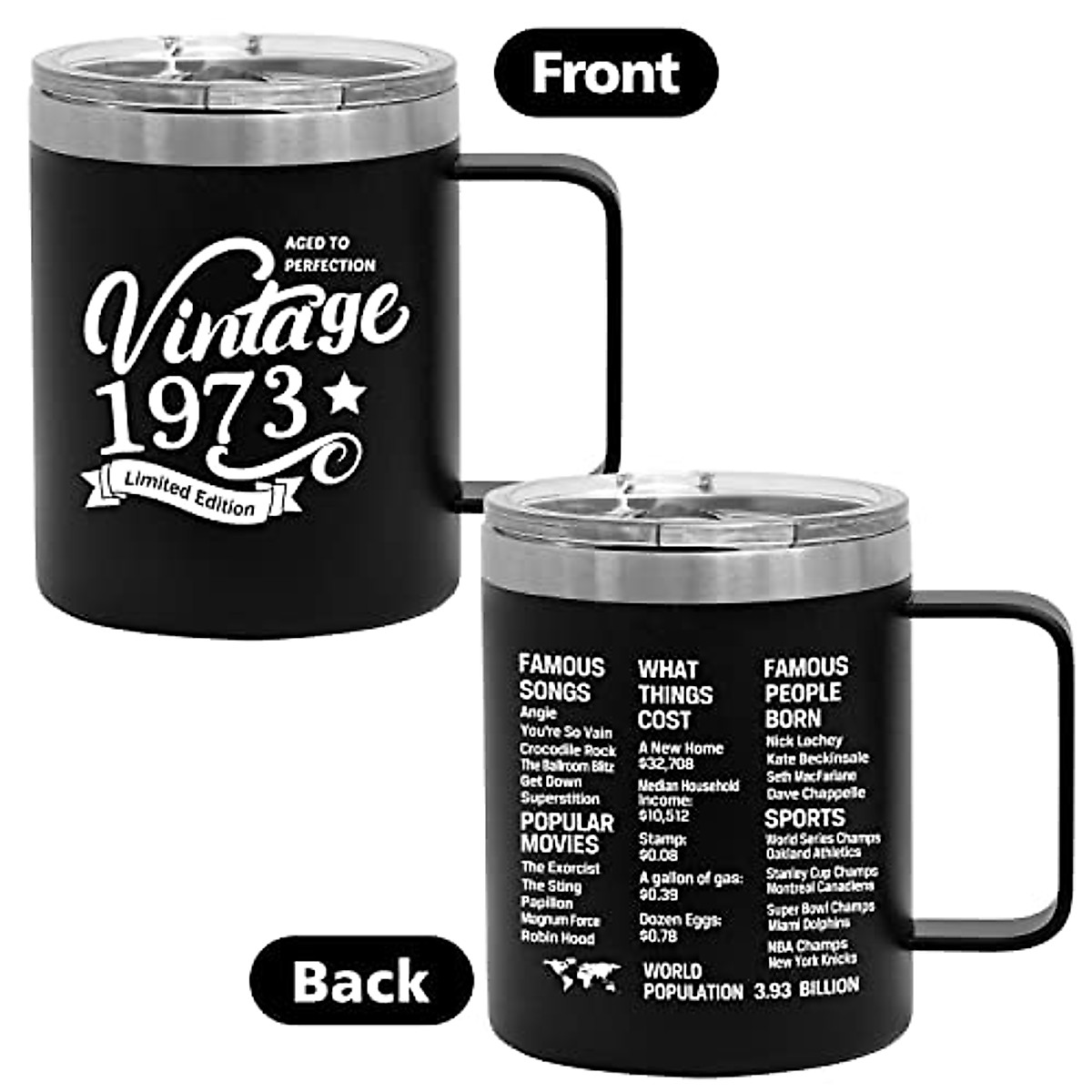 Vintage 1973 Stainless Steel Insulated Coffee Mug with Handle, 50th Birthday Stainless Steel Travel Coffee Cup with Lid Gifts for Women Men, 50th Birthday Spill Proof Reusable Thermos Coffee Mug 12oz