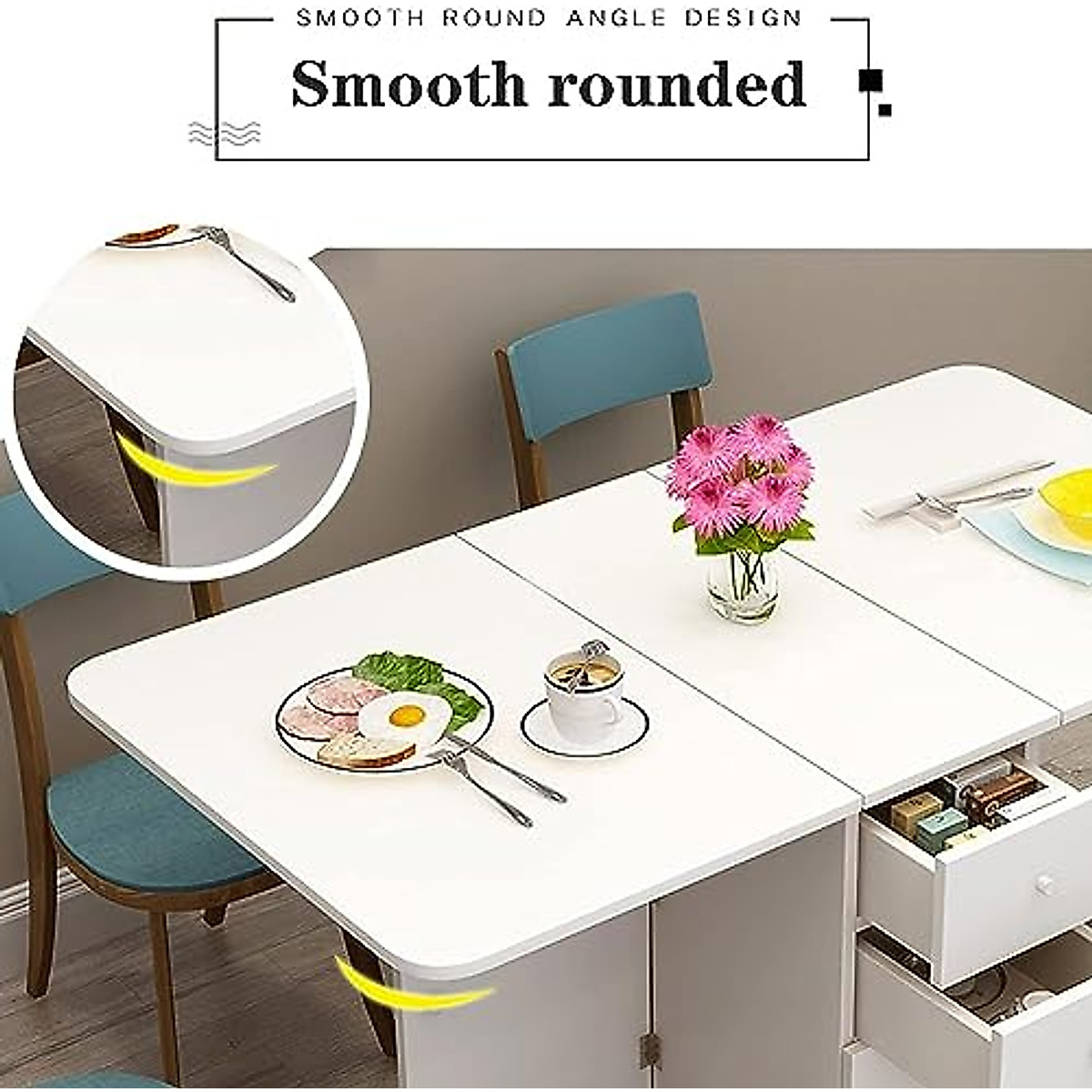 BytugI Drop Leaf Table, Movable Folding Dining Table, Multifunctional Extendable Kitchen Table, Round Edge, Storage with Drawer, for Dining Room, Kitchen (Black)(Color:Logs)