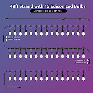 Mlambert 48FT Outdoor Patio Lights, RGB Cafe String Lights with 15 E26 S14 Shatterproof Edison Bulbs, Commercial Grade Dimmable String Lights for Bistro Backyard Garden, 2 Remote Controllers